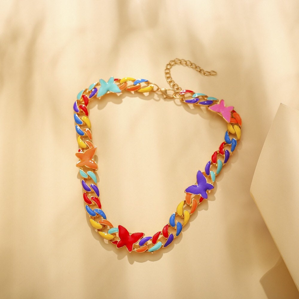 Butterfly Cuban Link Chain, Rainbow Enamel Butterfly Cuban Choker Chain ...