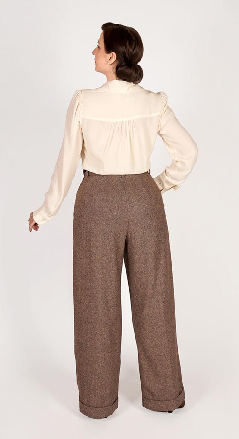 1930s and 40s Classic High Waist Wide Leg Trousers in Brown Herringbone ...