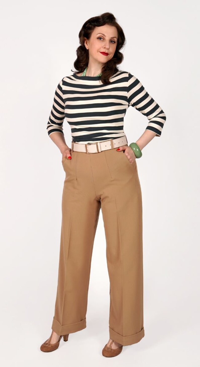 1930s and 40s Classic High Waist Wide Leg Trousers in Tan - Etsy