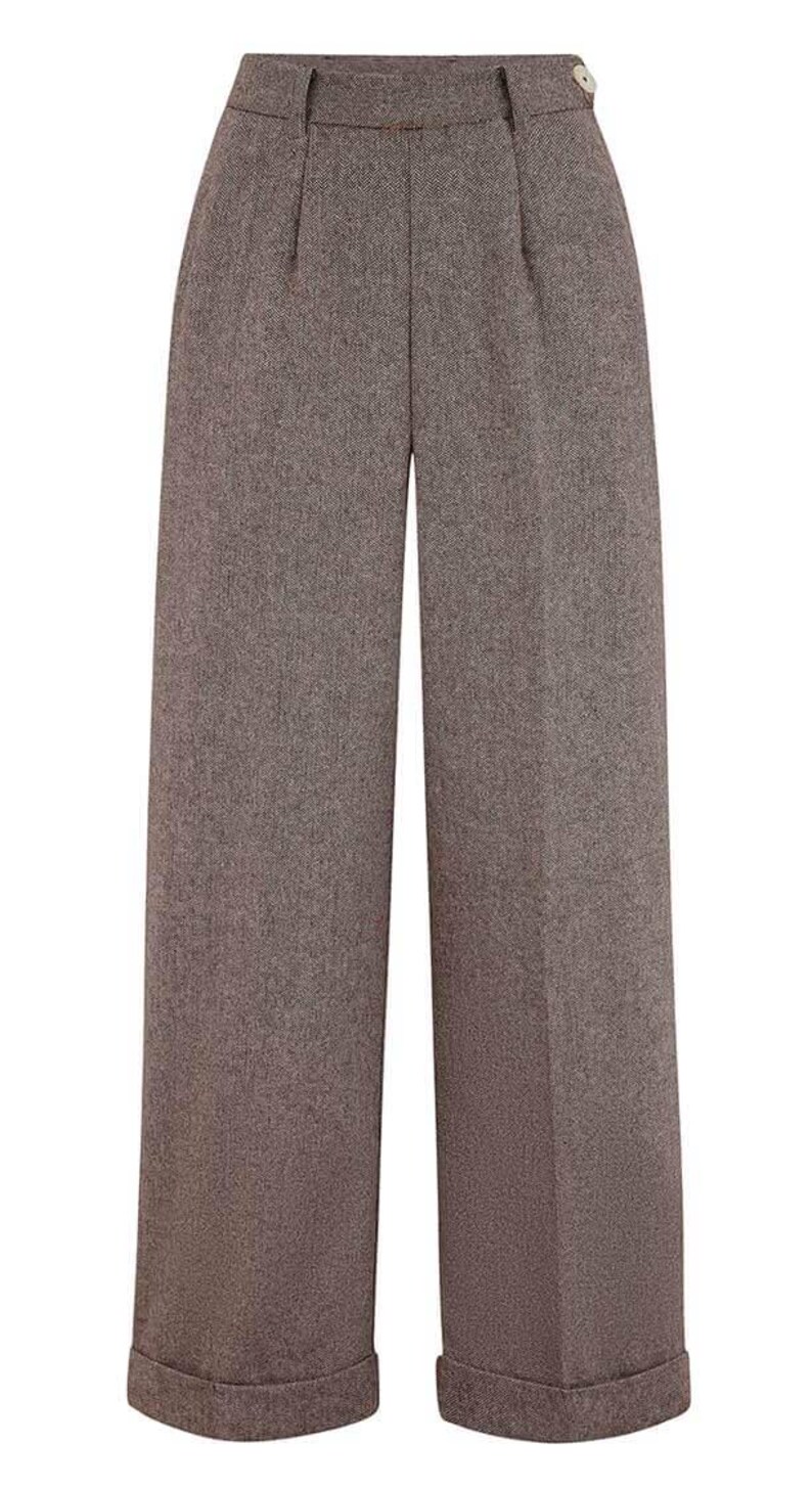 1930s and 40s Classic High Waist Wide Leg Trousers in Brown Herringbone ...