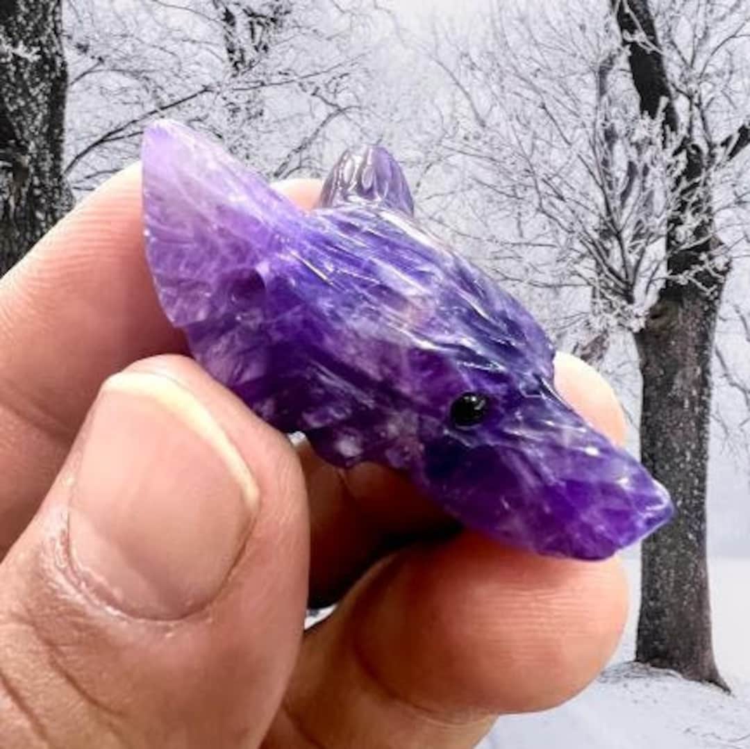 AMETHYST Stone Carved Wolf Head Pendant, Carving Wolf Reiki Healing ...