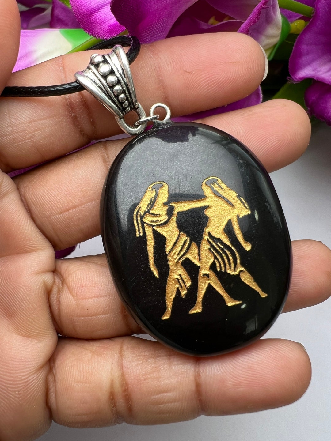 Gemini Zodiac Sign Engraved on Black Black Tourmaline Stone Pendant ...