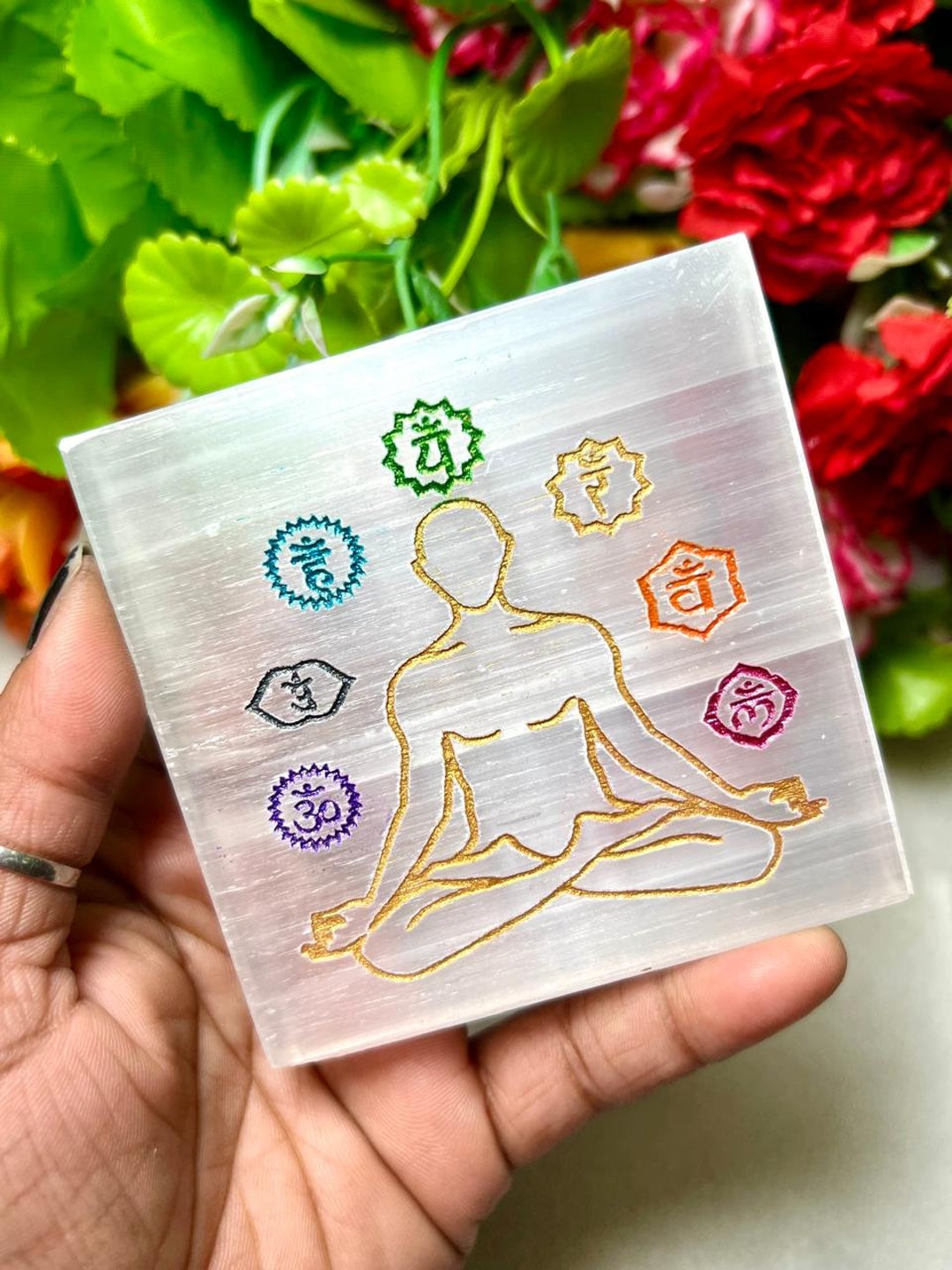 Selenite Seven Chakras Reiki Symbol Healing Square Plate for Charging ...