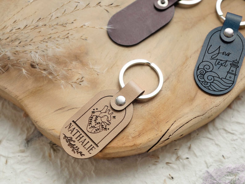 Engraved Vegan Leather Keychain: Personalized Line Art Name Tag, 12 ...