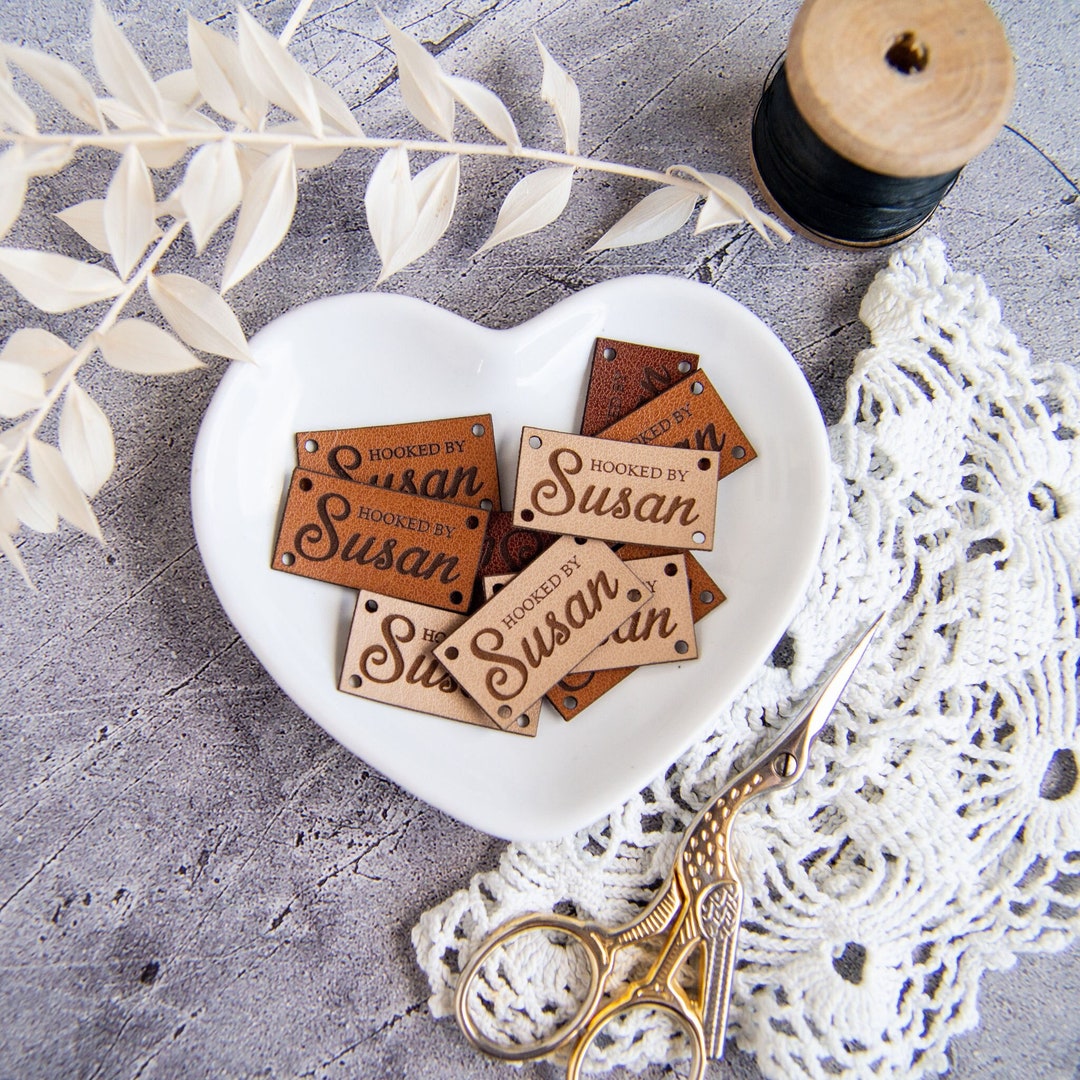 Personalized Crochet Labels: "hooked By" Faux Leather Tags, Custom Name ...