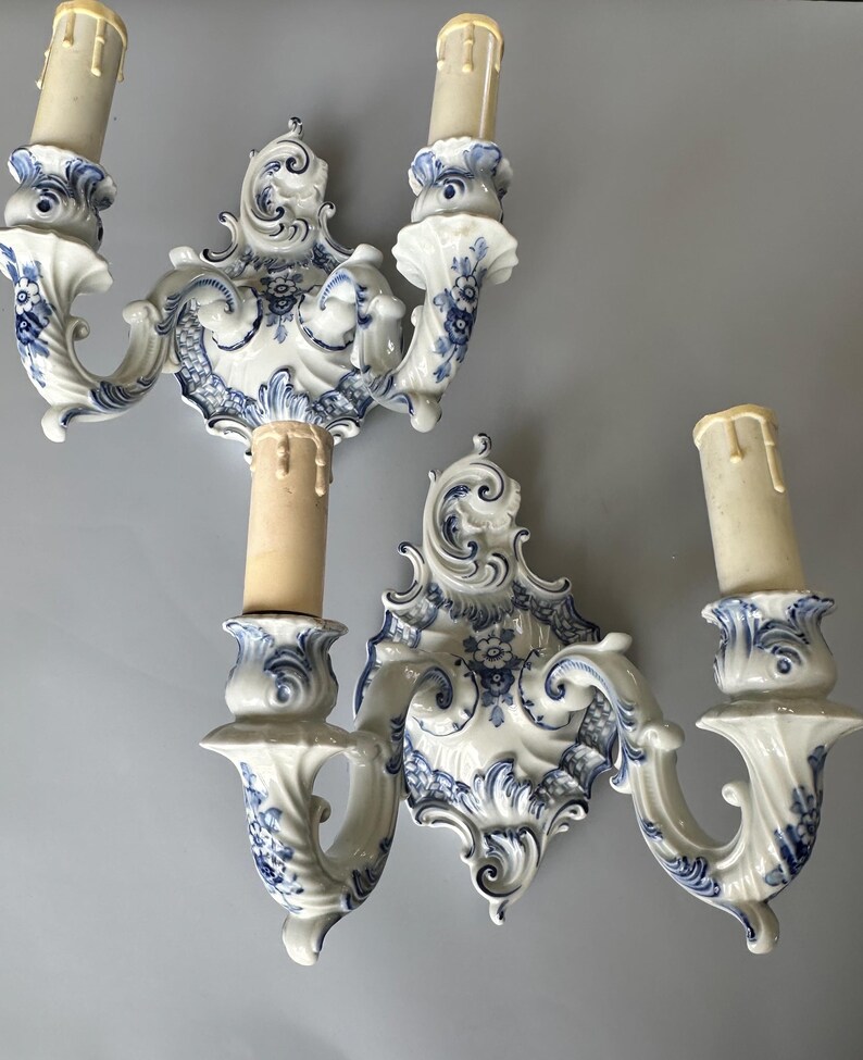 Pair of Porcelain Wall Lamps / Sconces / Hand Painted Capodimonte Style ...