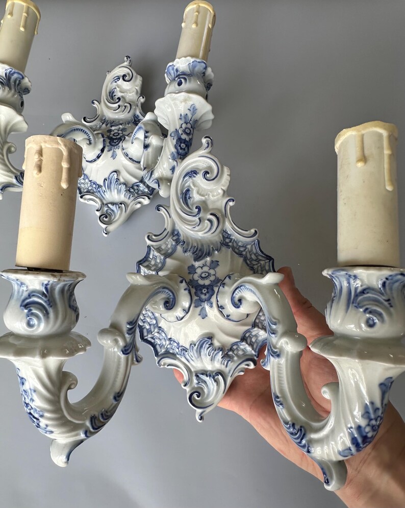 Pair of Porcelain Wall Lamps / Sconces / Hand Painted Capodimonte Style ...