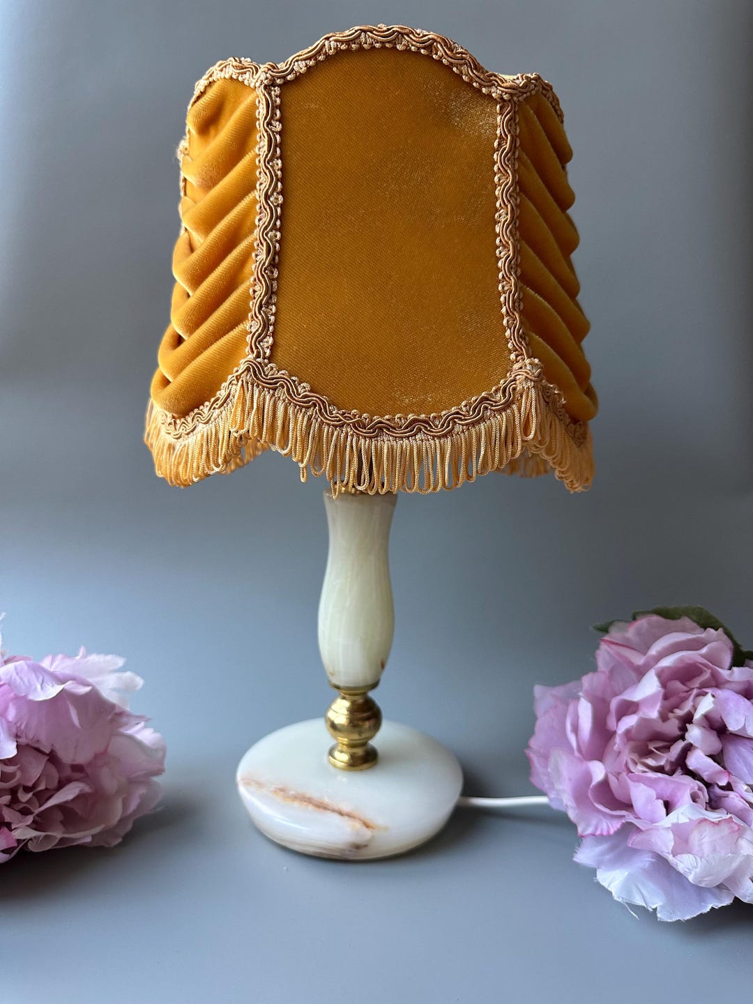 Vintage Onyx Stone Table Lamp. Nighstand Display Decor. Yellow Velvet ...