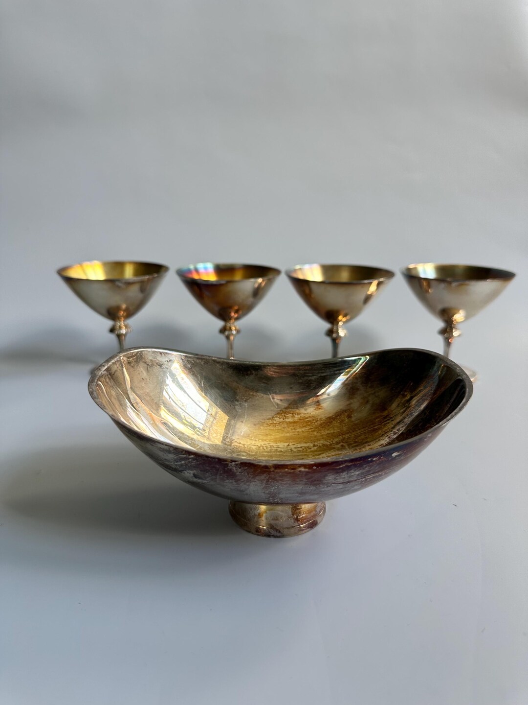 Antique Set of 4 Silver Plated Wine Goblets and Pedestal Bowl / GAB ...