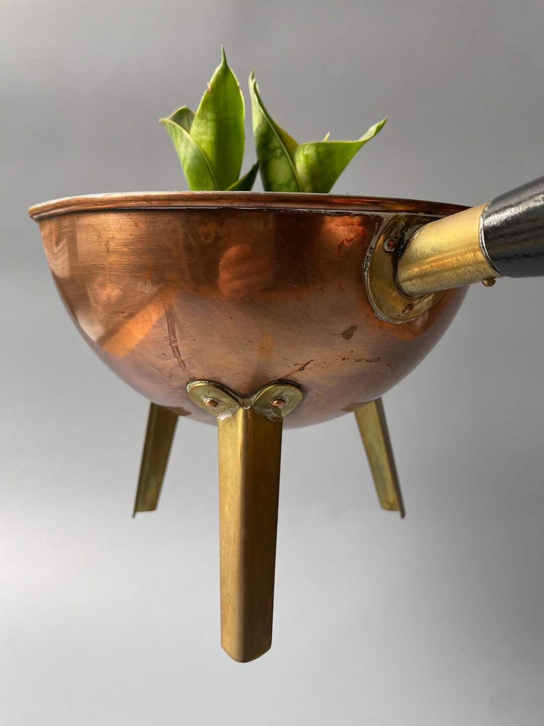 Vintage Copper Pot With Wooden Handle / Raised on Brass Legs / Rustic ...