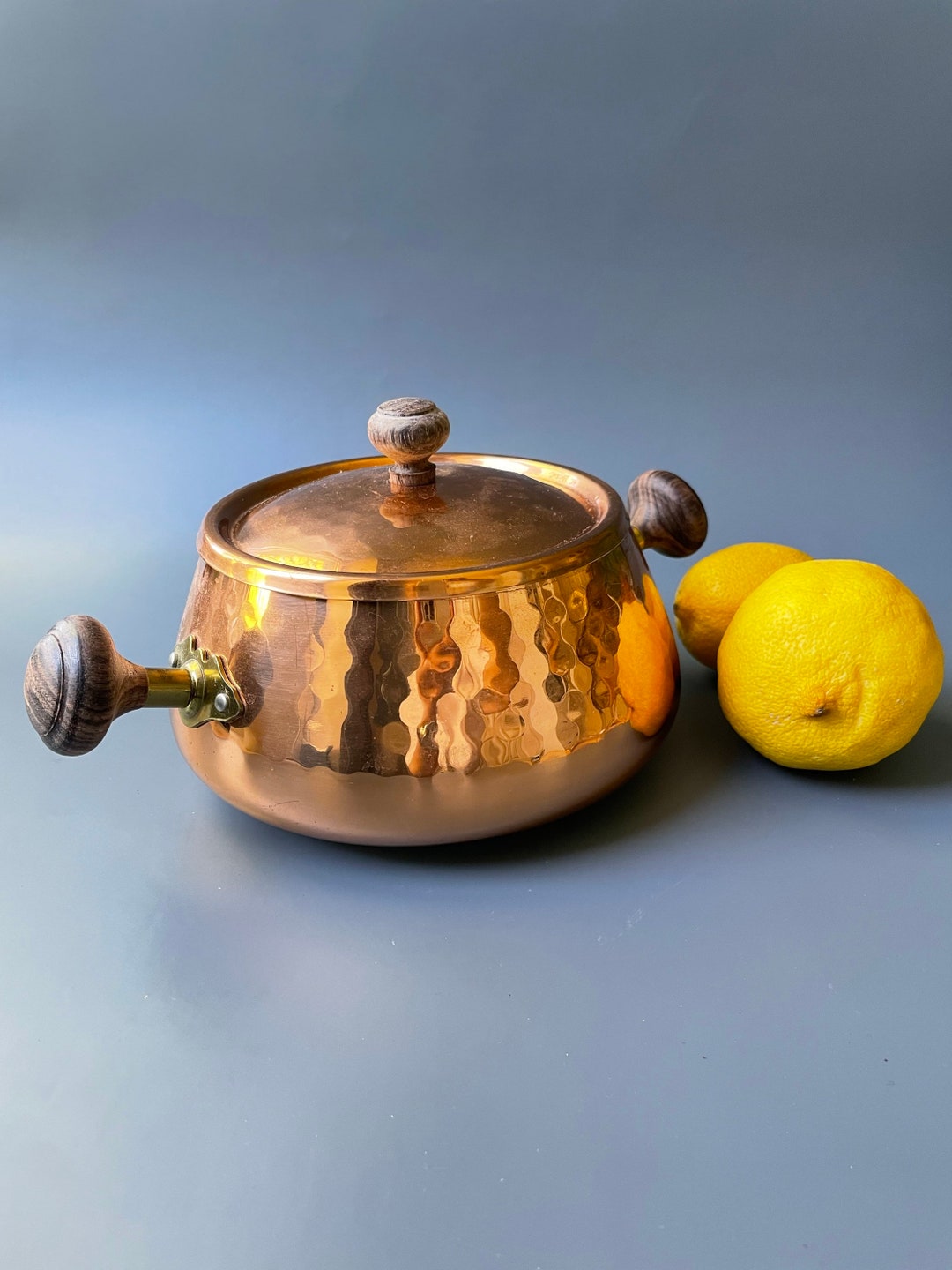 Vintage Lidded Copper Pot / Wooden Handles / Scandinavian Copperware ...