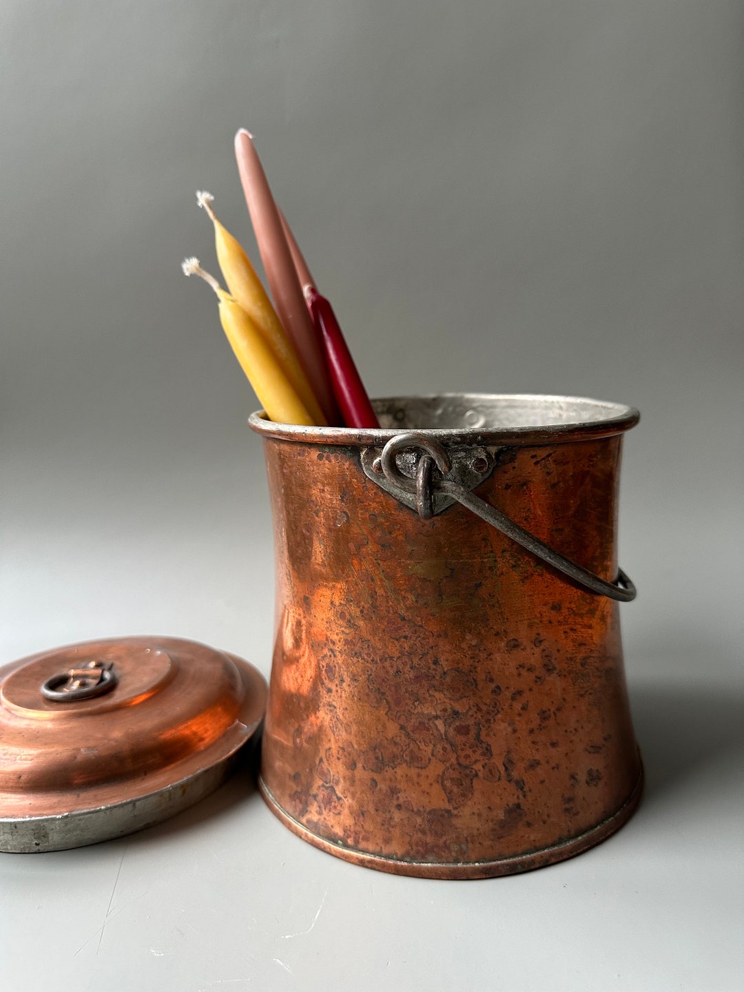 Antique Copper Canister With Handle and Lid / Metal Storage Bucket ...