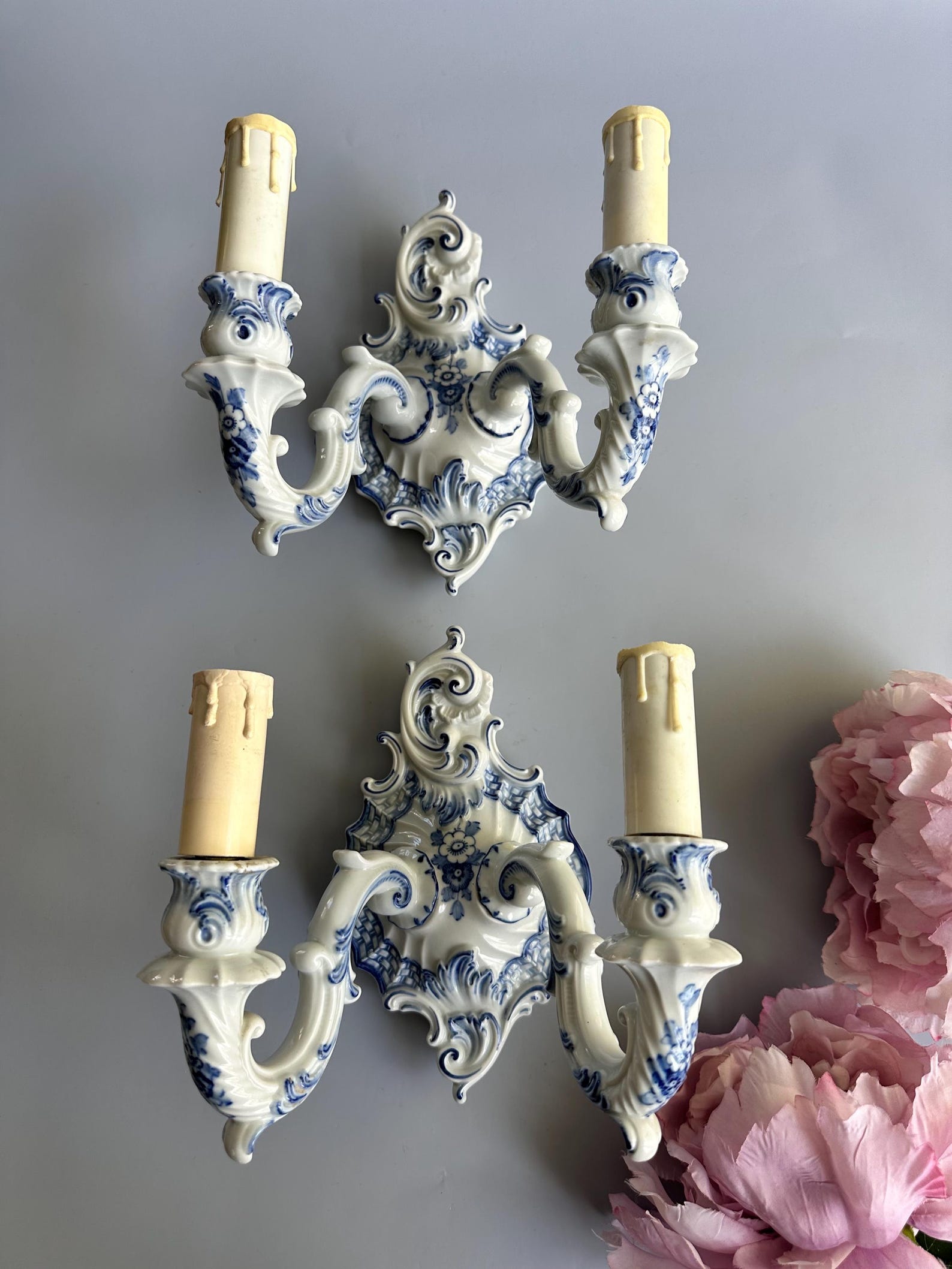 Pair of Porcelain Wall Lamps / Sconces / Hand Painted Capodimonte Style ...