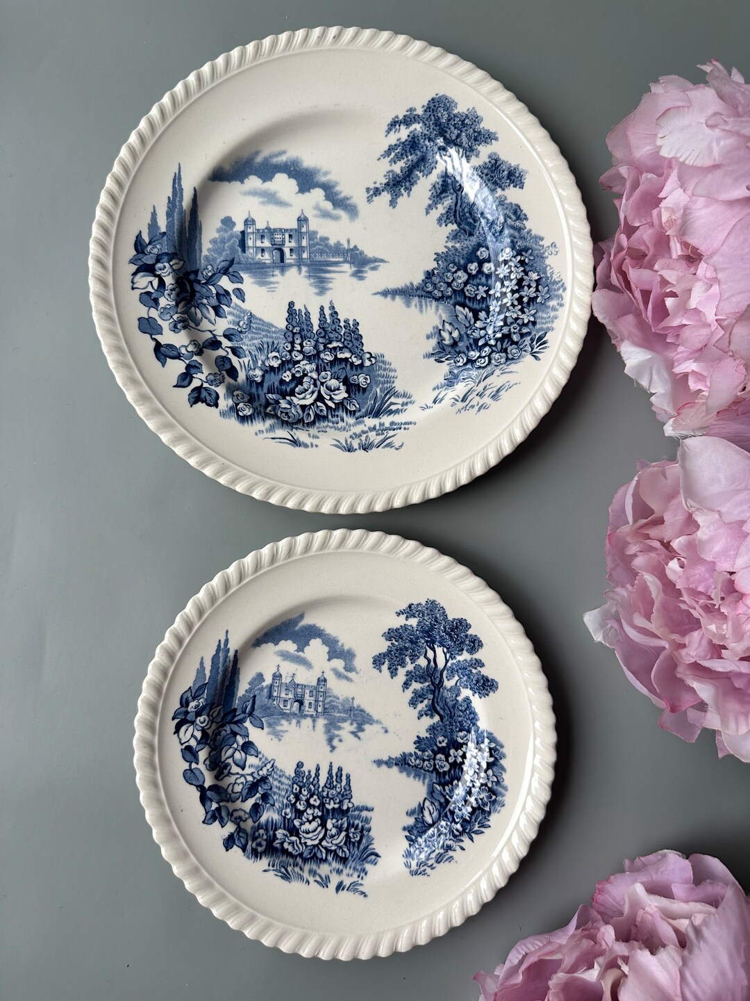 Vintage Johnson Bros. Plates (set of 2), Castle on the Lake, Blue ...