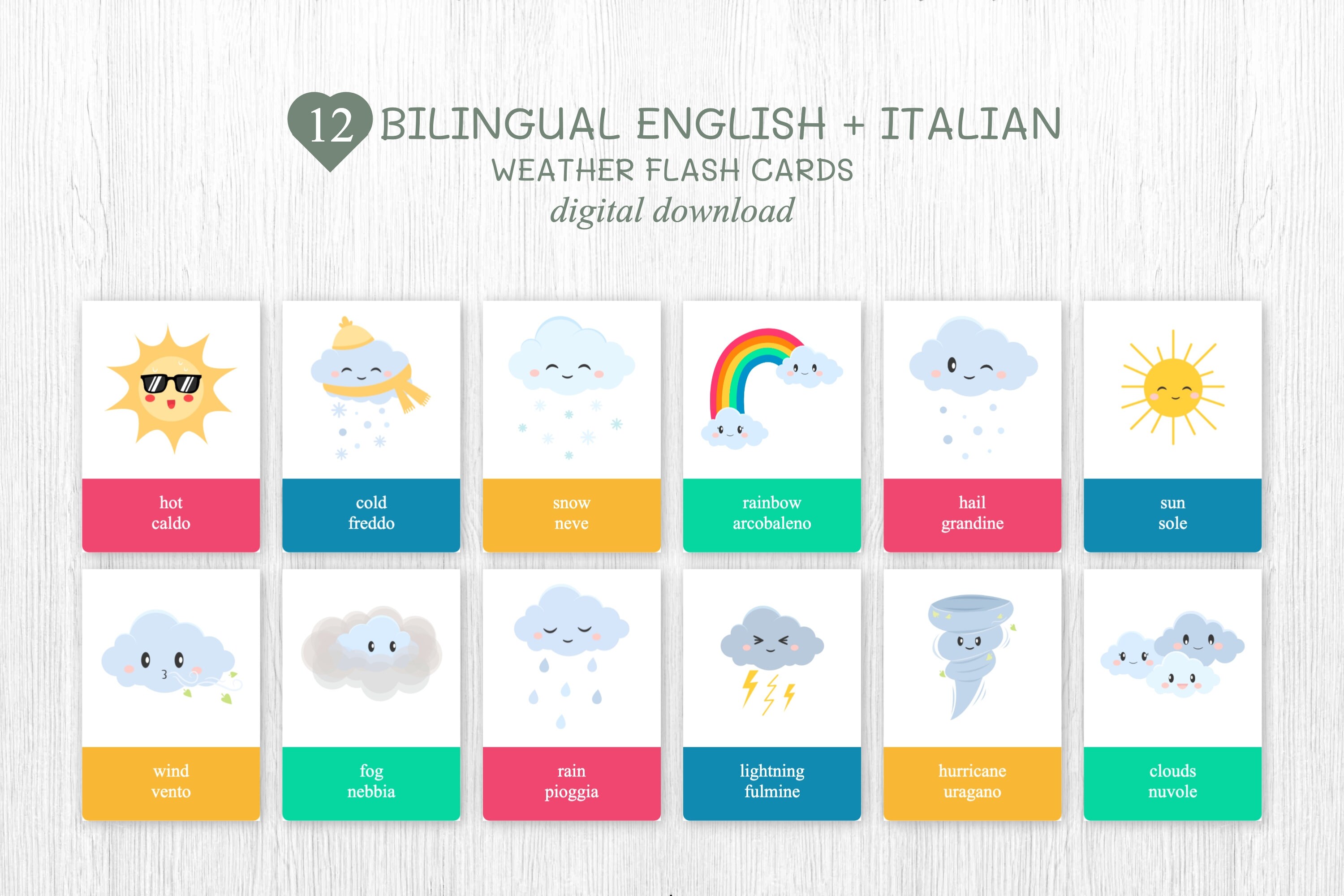 Printable Weather Flashcards English-italian, Montessori Social ...