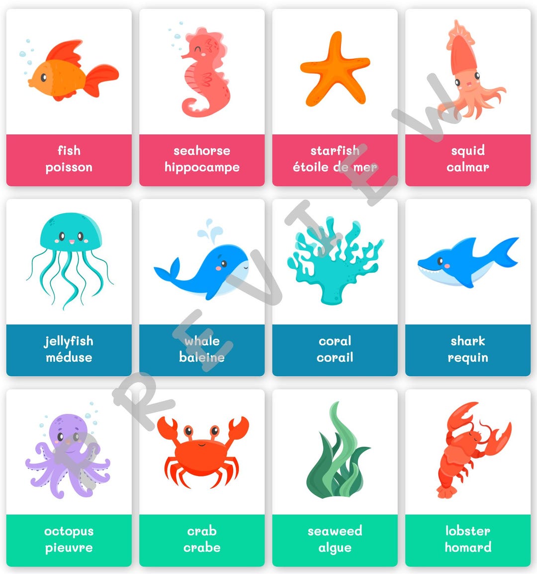 English-french Under the Sea Flashcards, Ocean Animals Printable ...
