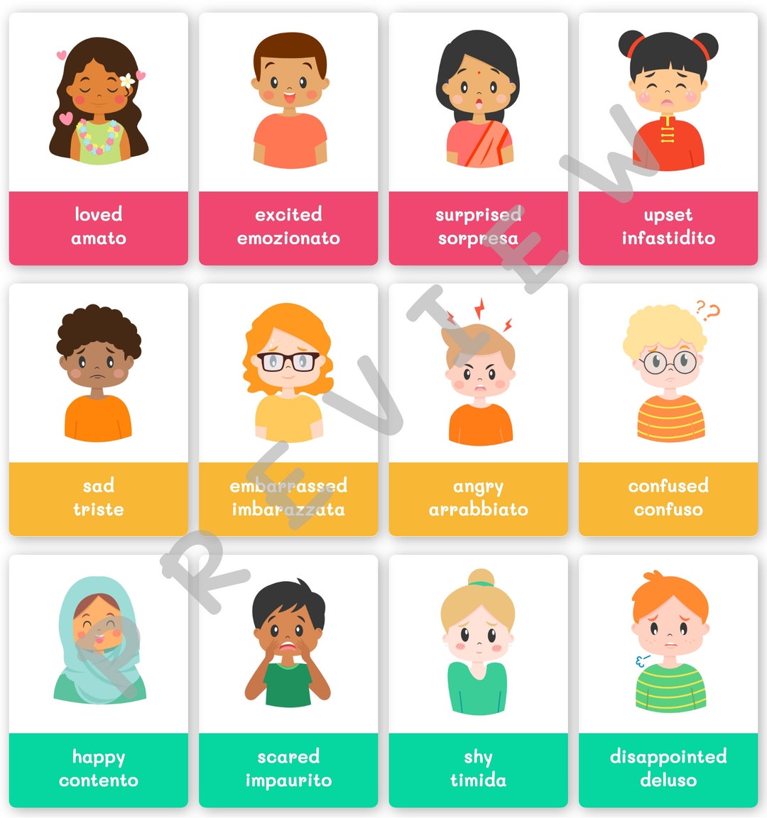 Printable Emotions Flashcards English-italian - Etsy