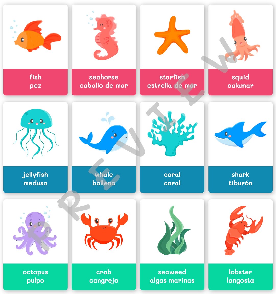 Printable Under the Sea Flashcards English-spanish - Etsy