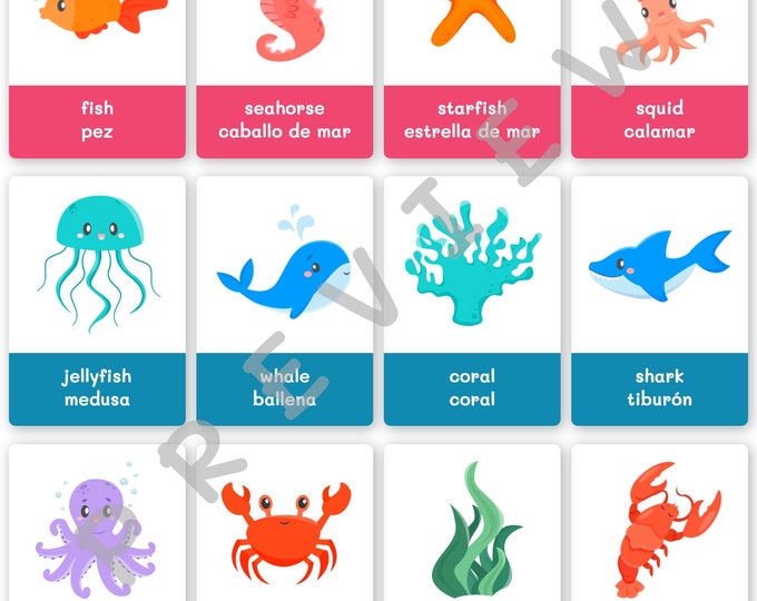 Tarjetas de animales del mar imprimibles para niños inglés-español ...