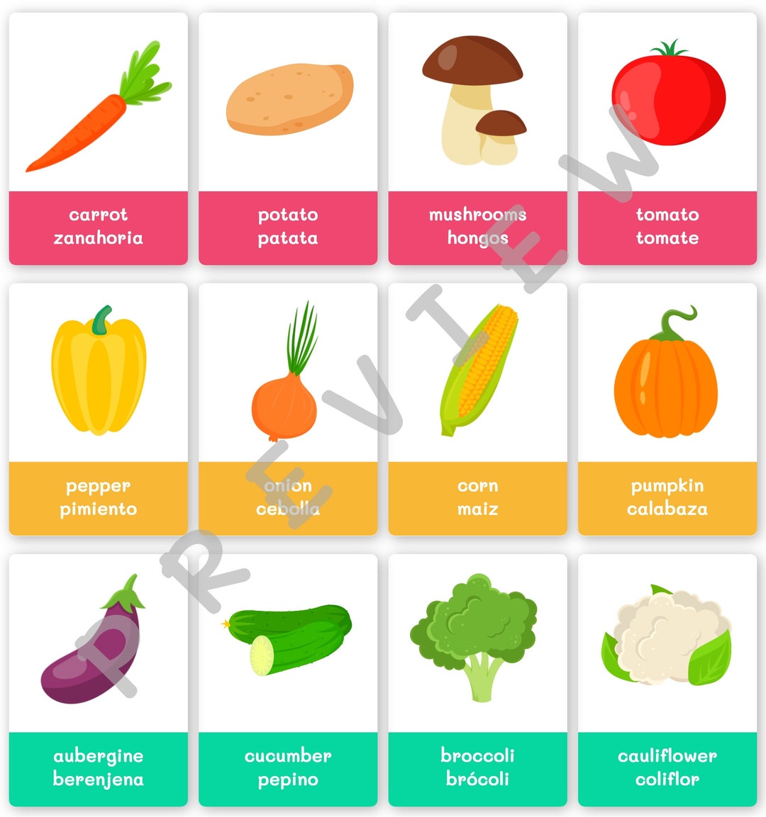 Printable Vegetables Flashcards English-spanish - Etsy