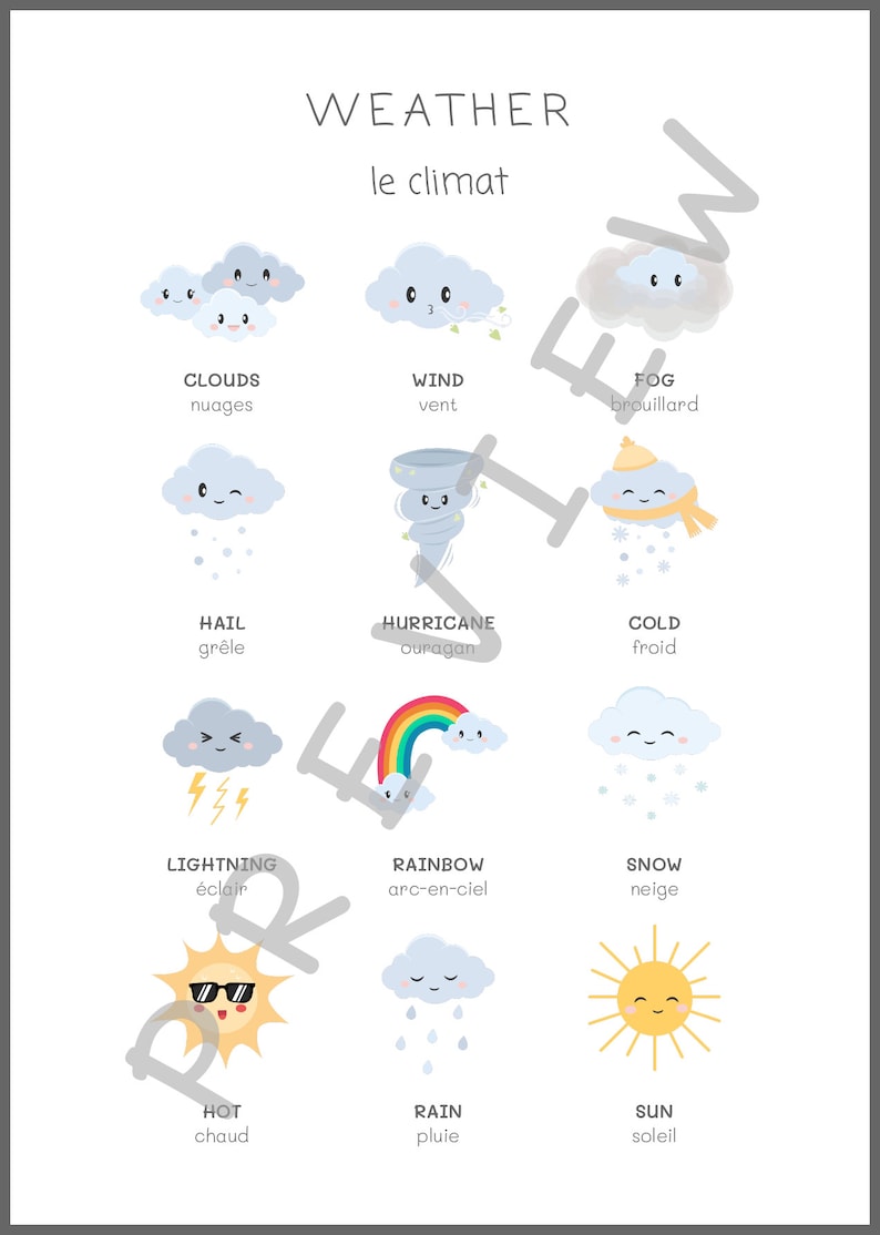 Bilingual English French Learning Weather Poster - Etsy
