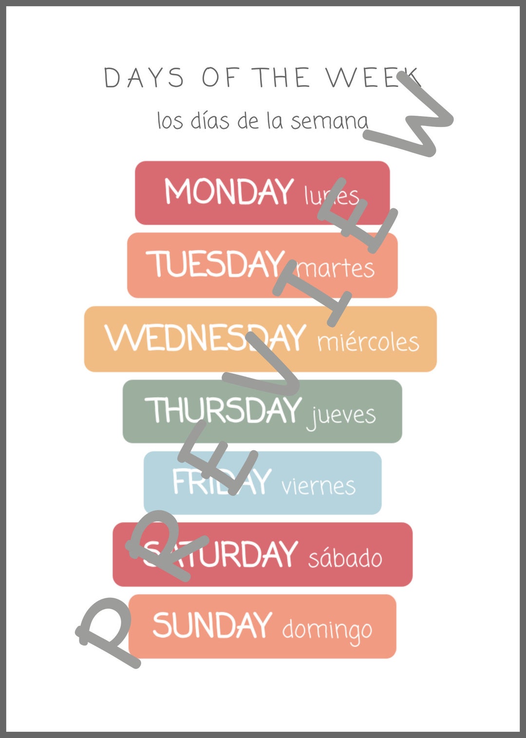 Bilingual English Spanish Days of the Week Poster - Etsy