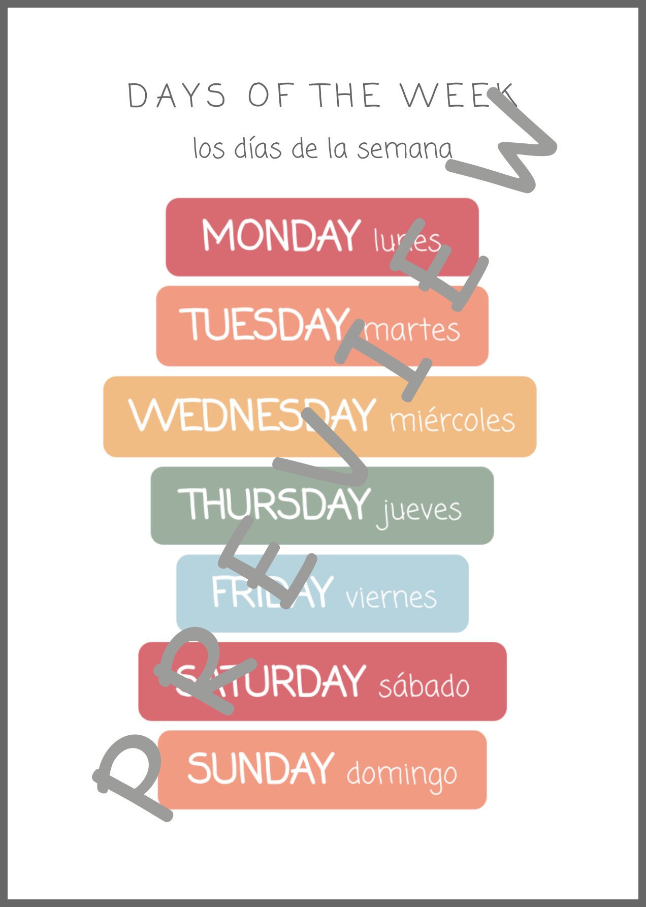 Bilingual English Spanish Days of the Week Poster - Etsy