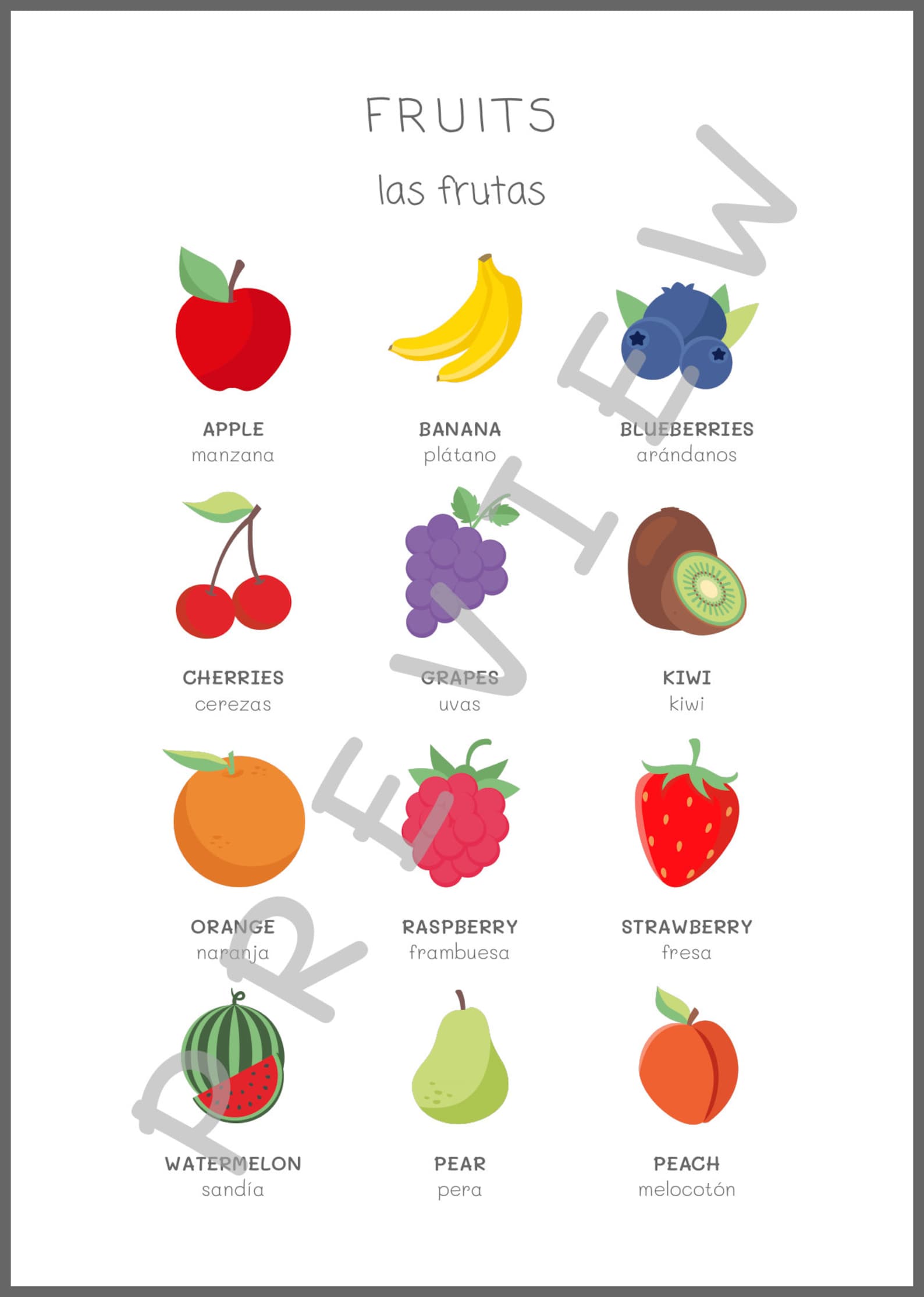 Bilingual English-spanish Fruits Poster, Healthy Eating Vocabulary ...