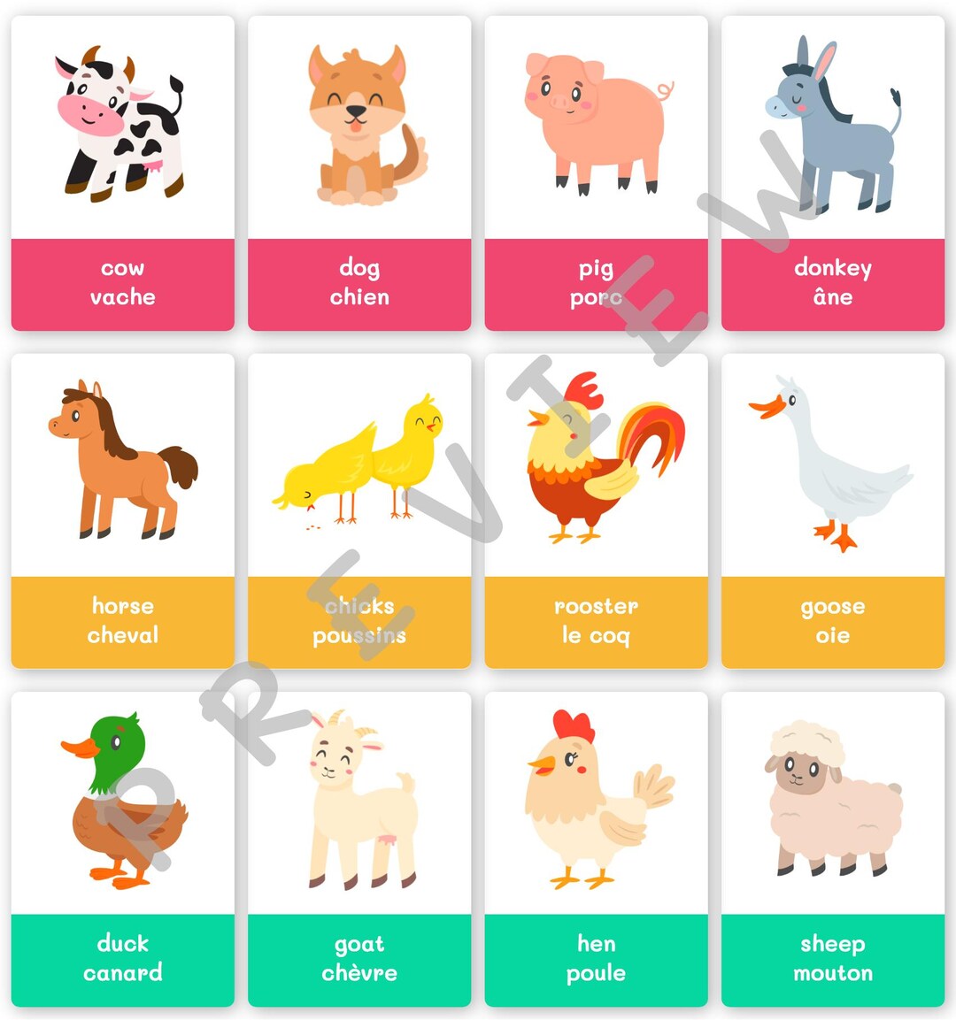 English-french Farm Animals Flashcards, Realistic Montessori Vocabulary ...