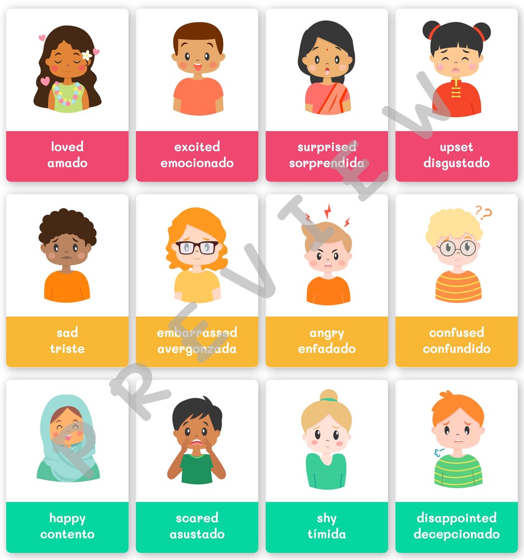 Printable Emotions Flashcards English-spanish - Etsy
