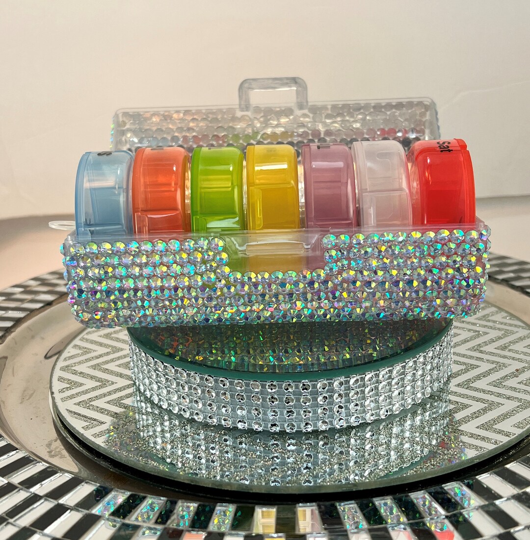Bedazzled Pill AB Rhinestone Box Organizer Container Medicine Vitamins ...
