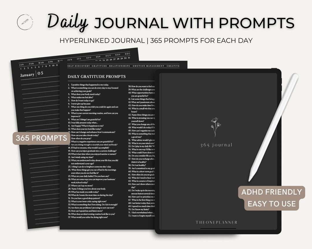 Digital Black Journal With 365 Prompts, Daily Digital Journal, Digital ...