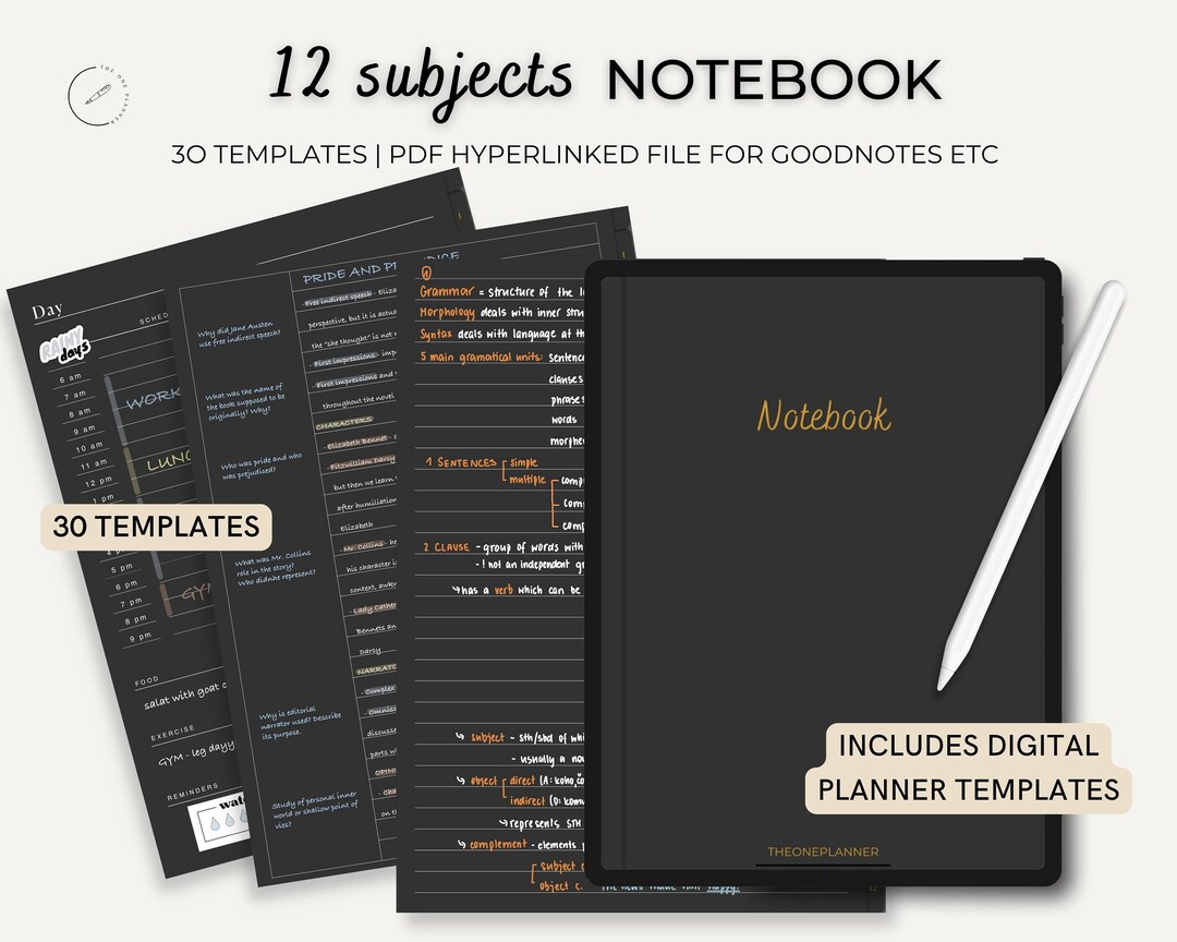 Dark Mode Digital Notebook | 12 Section Dividers | 40 Digital Page ...