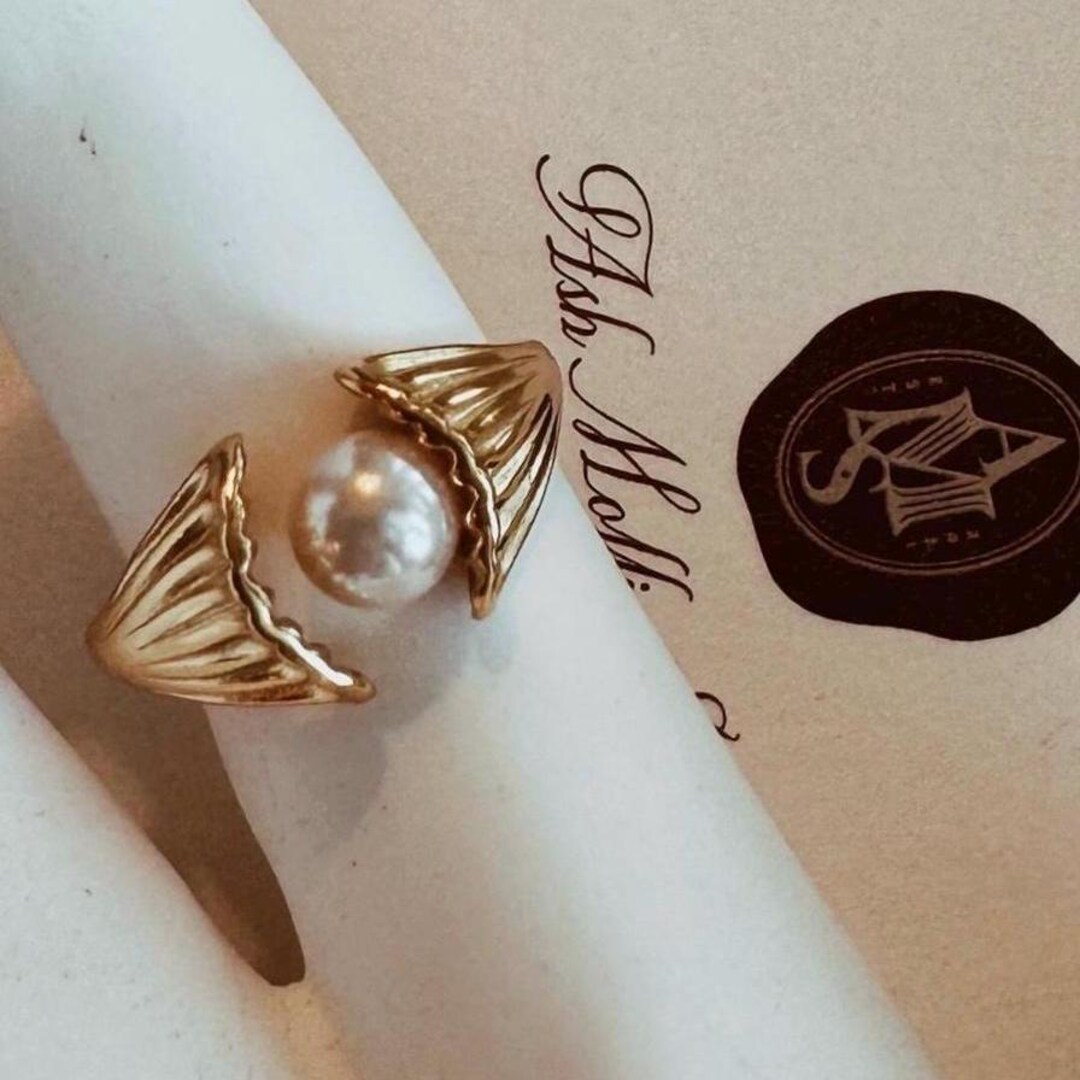 Shell Pearl Ring, Seashell Ring, Adjustable Shell Ring, Gold Plated ...