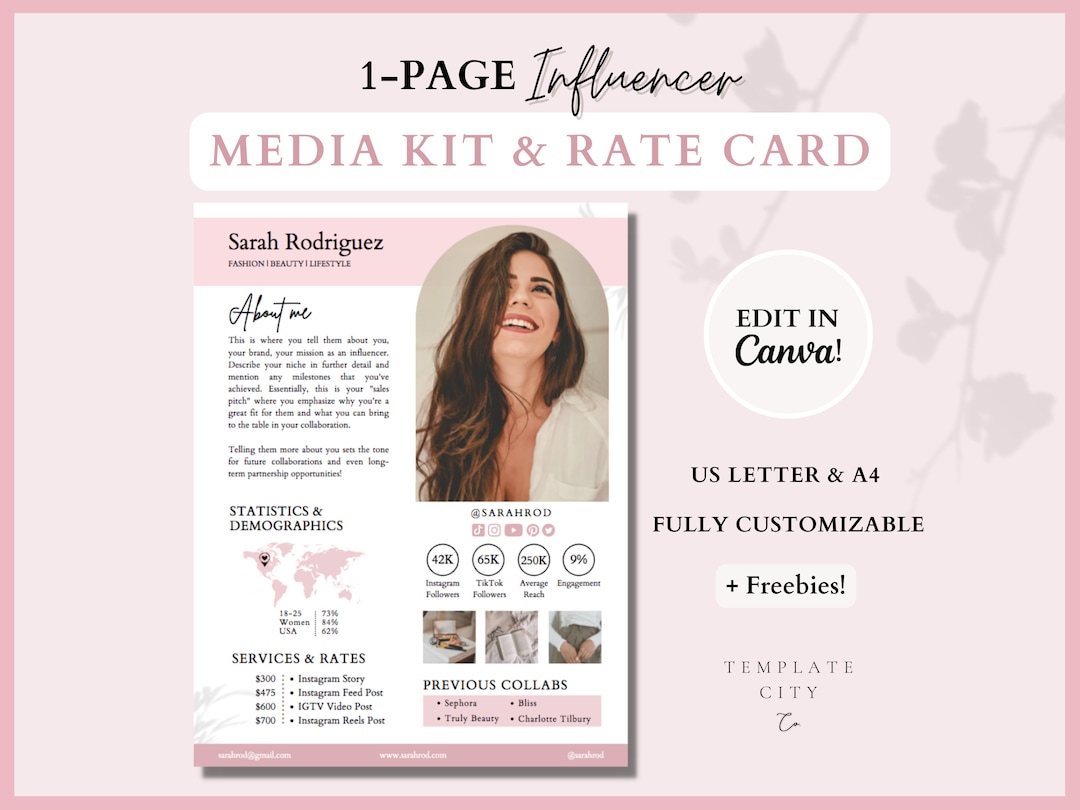 1 Page Media Kit & Rate Card Template | Influencer, Content Creator ...