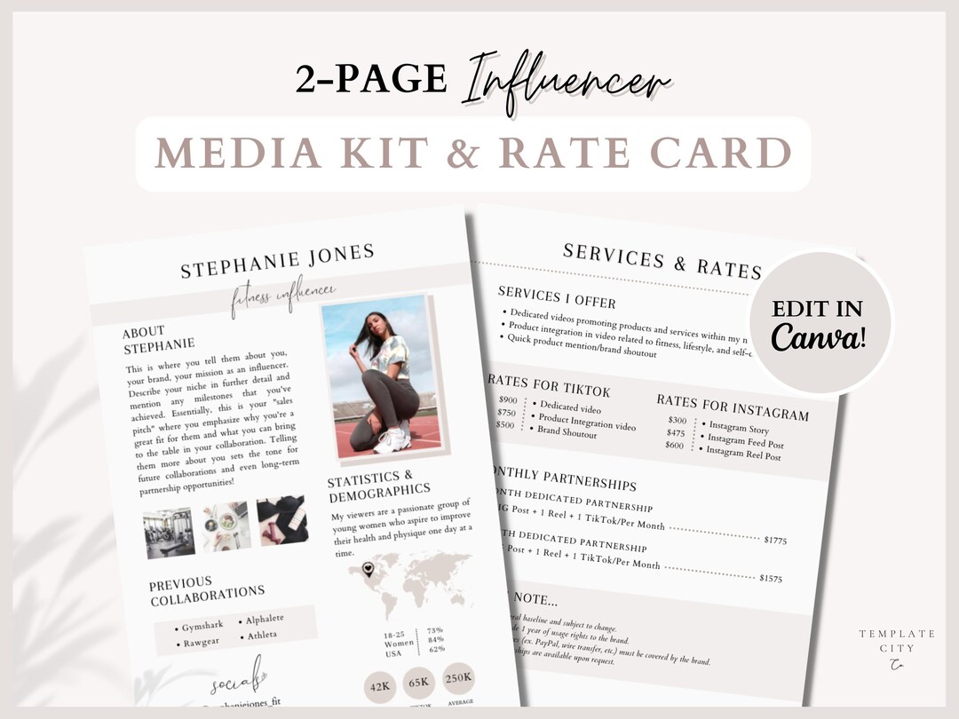 2 Page Media Kit & Rate Card Template | Influencer, Content Creator ...