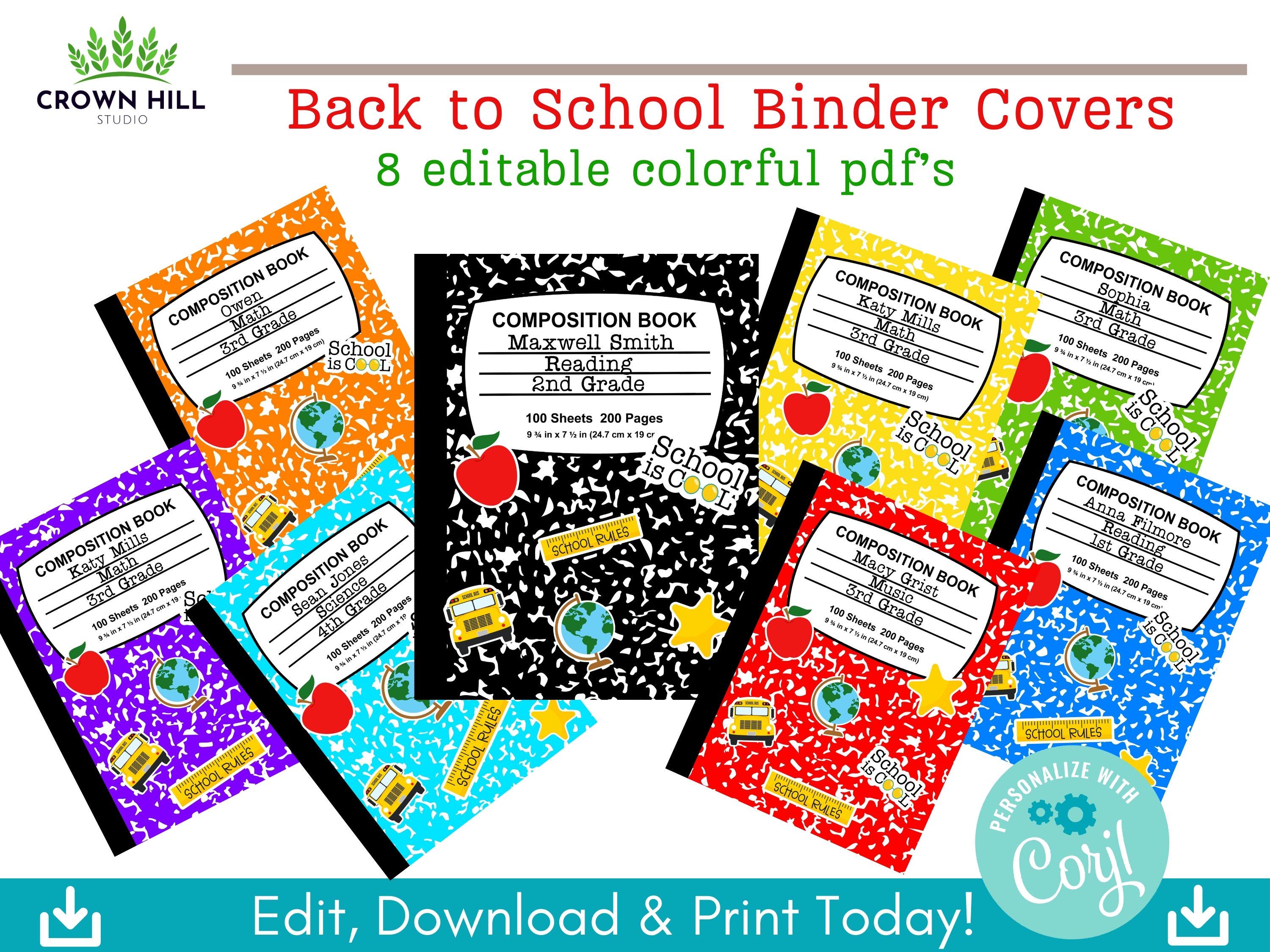 Editable Composition Themed Binder Covers, 8 Colorful Styles - Etsy