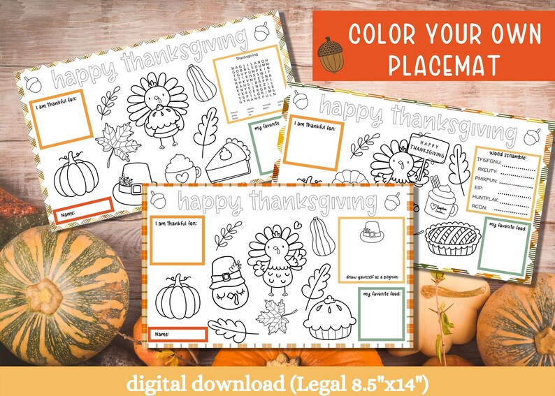 Thanksgiving Coloring Placemat, Digital Download, Printable - Etsy