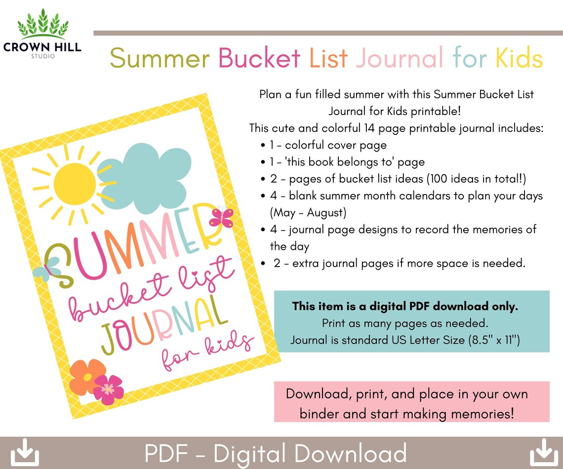 Summer Bucket List Journal for Kids, 100 Bucket List Ideas, Printable ...
