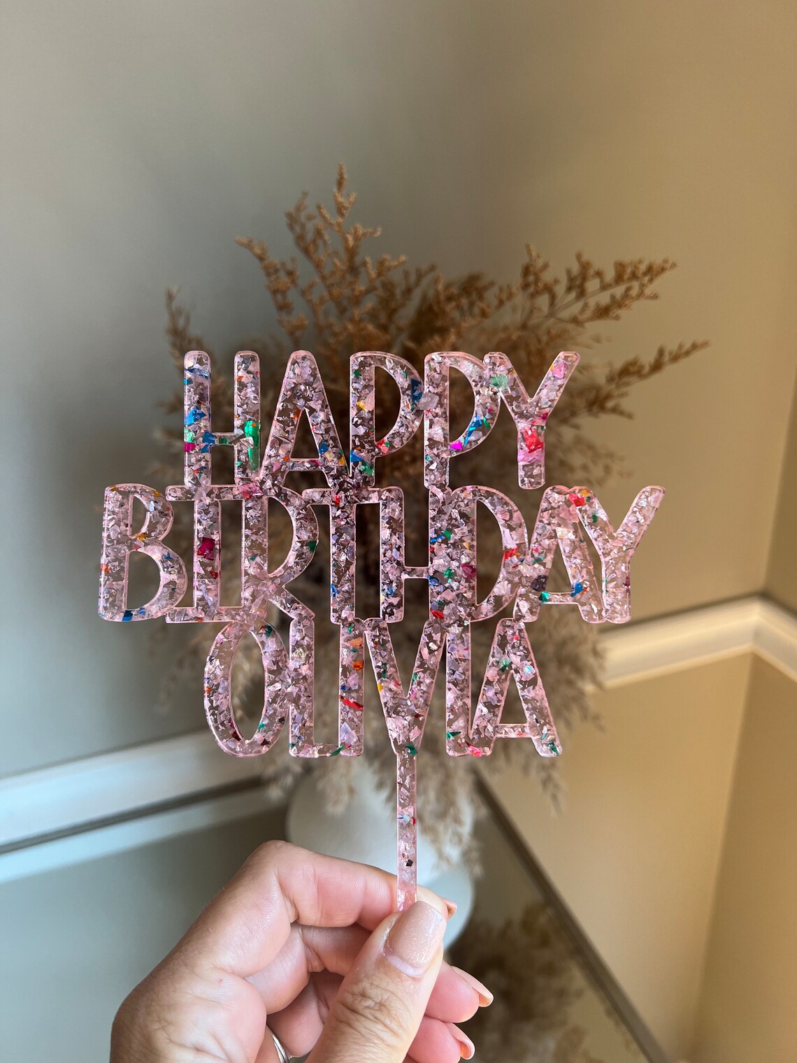 Happy Birthday Custom Personalized Cake Topper Pink Glitter Flake ...