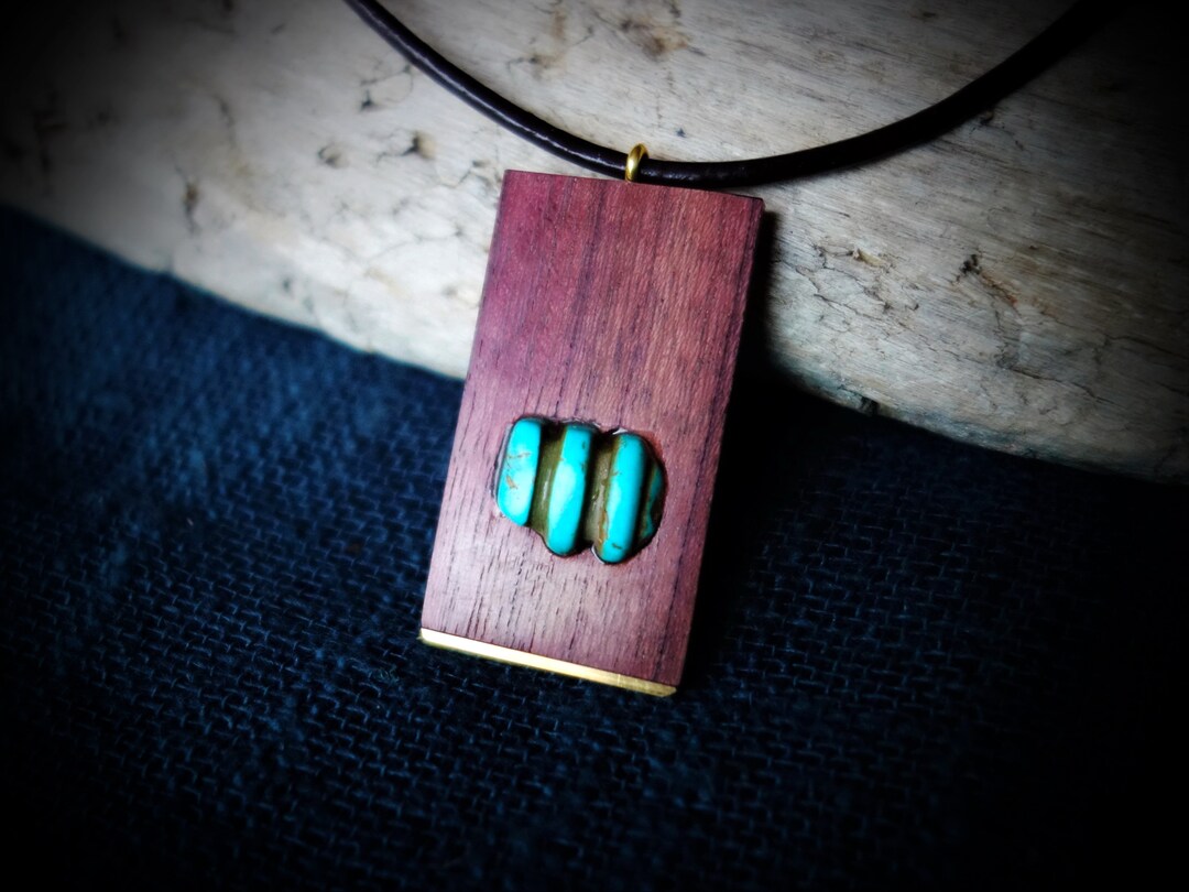 Eco-friendly Hand Carved Amaranth Wood Pendant With Turquoise and Brass ...