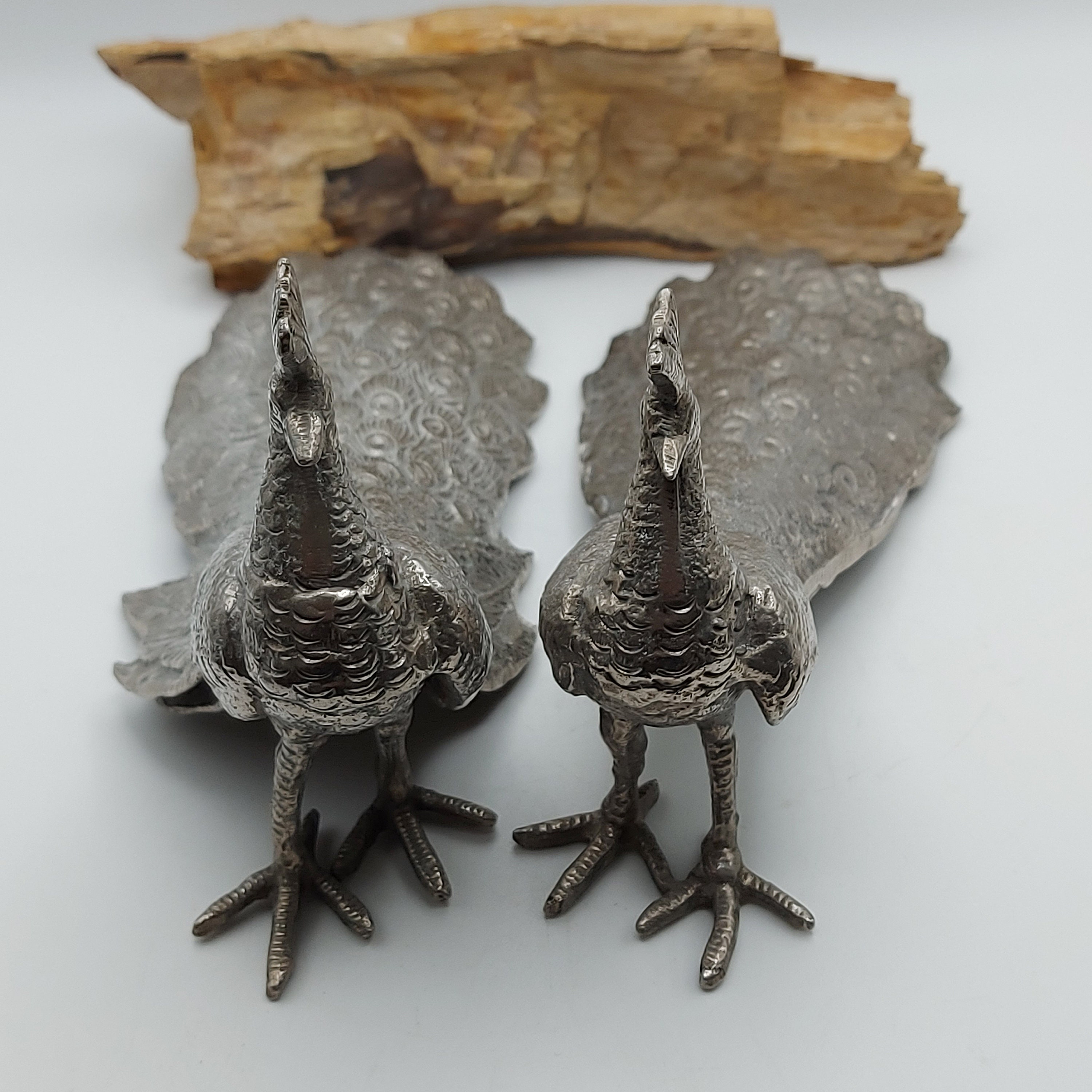 Pair of French Peacock Statues in Silverton Over Brass Mid Century ...