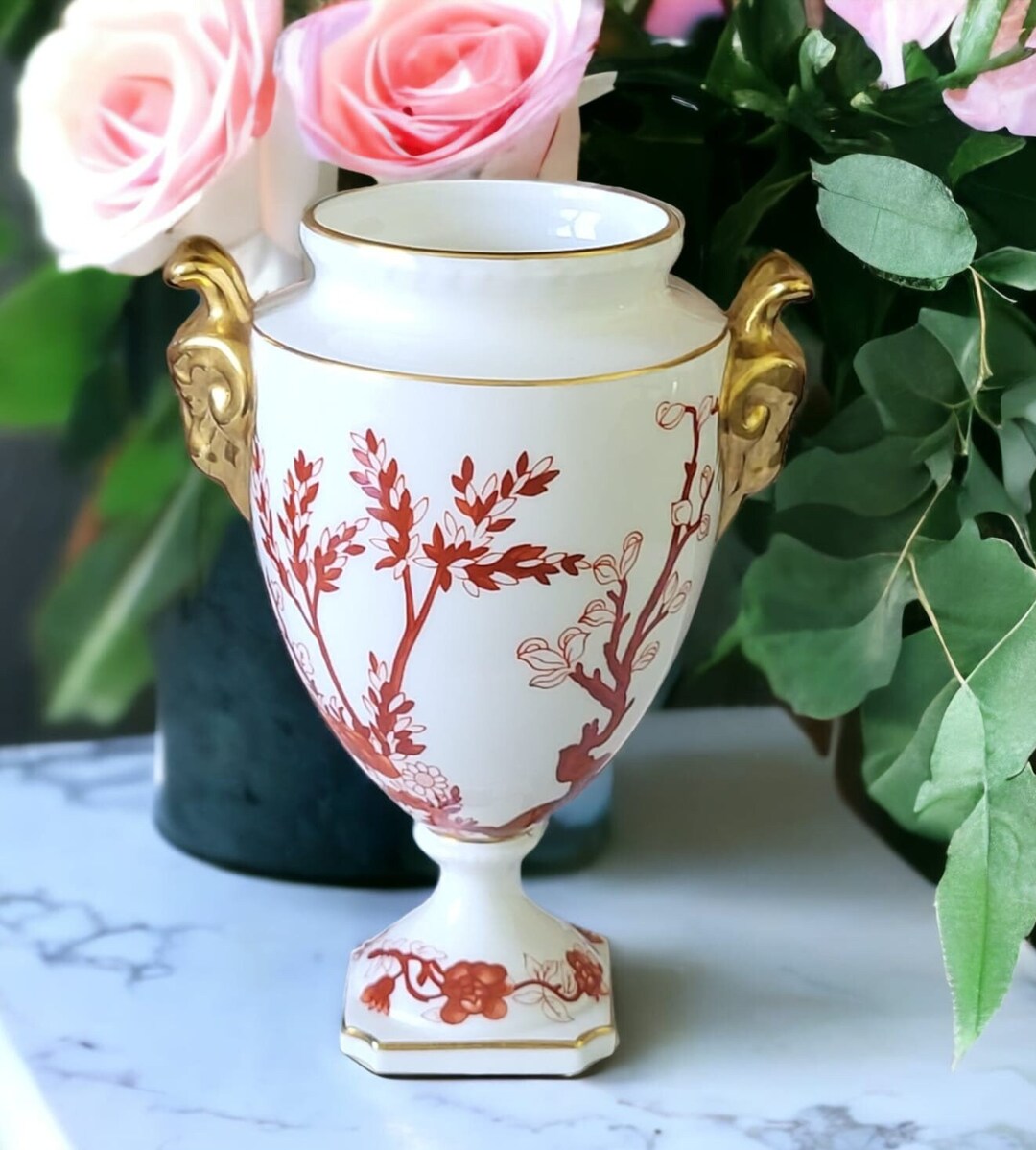 COALPORT Gold Trim Indian Tree, Rams Head Handled Footed Vase With Gold ...