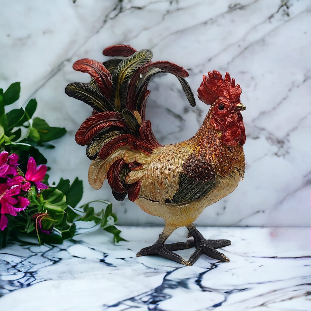 Enameled Rhinestone Cockerel Trinket Box, Decorative Chicken Figurine ...