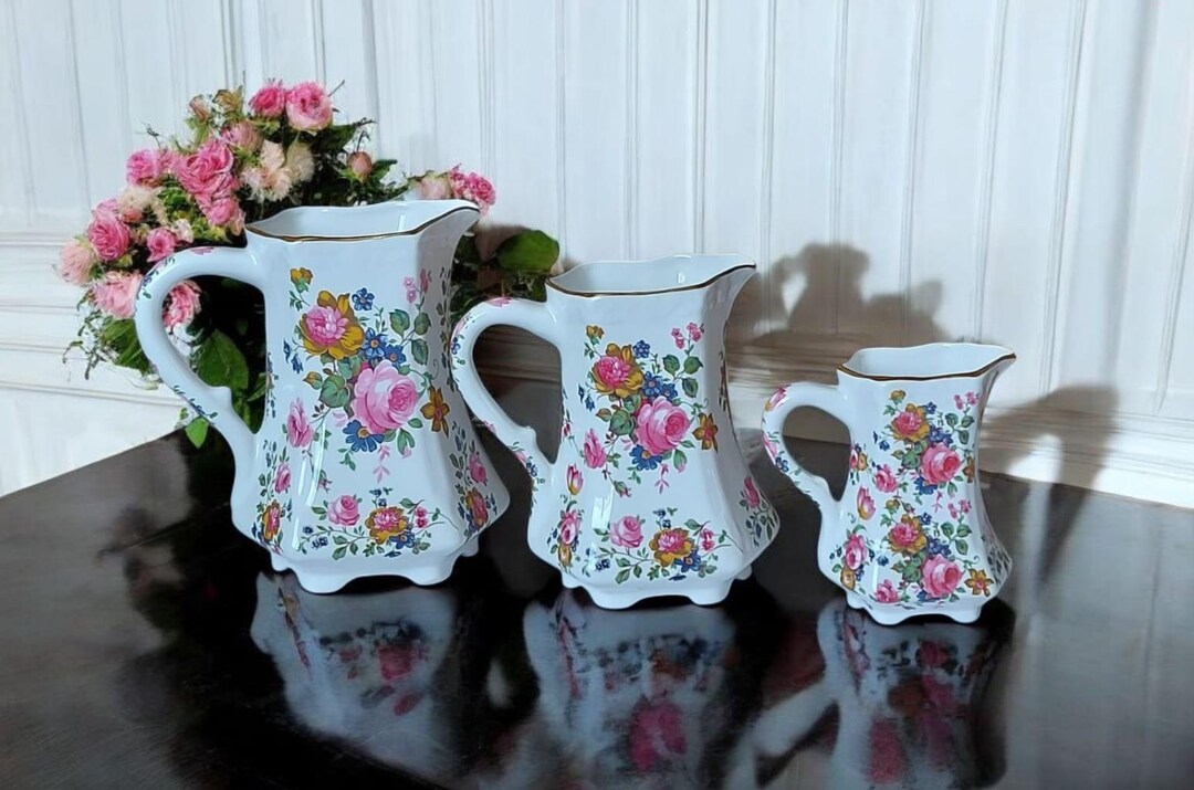 Fenton Bone China Floral Jug Set, Gilded Vintage Pitchers - Etsy