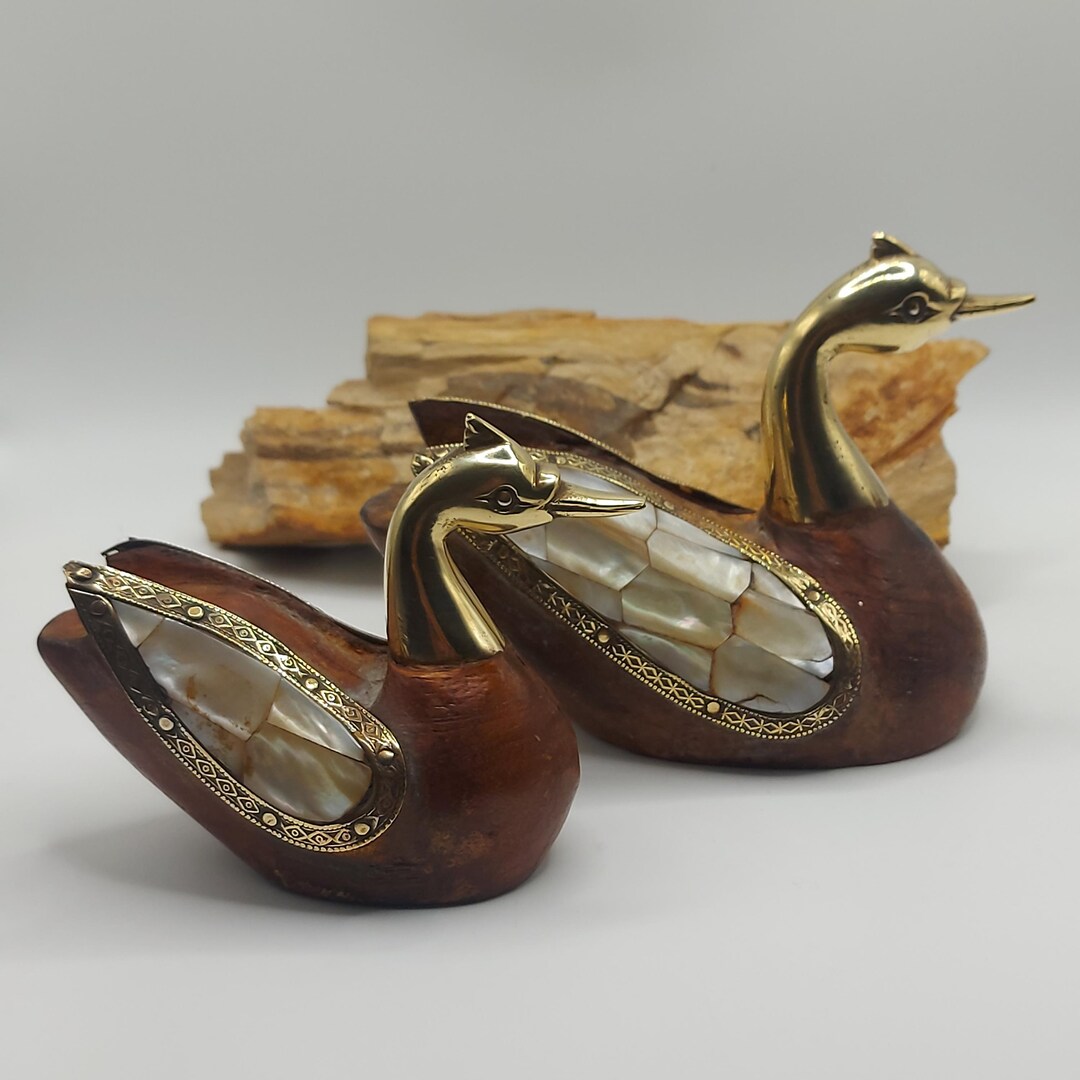 Vintage Handcarved Teak Wood Ducks, Brass & Mother of Pearl Inlay ...
