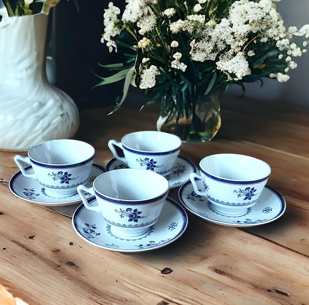 Vintage Spode Tea Cups and Saucers, Set of 4, Gloucester Blue Stoneware ...