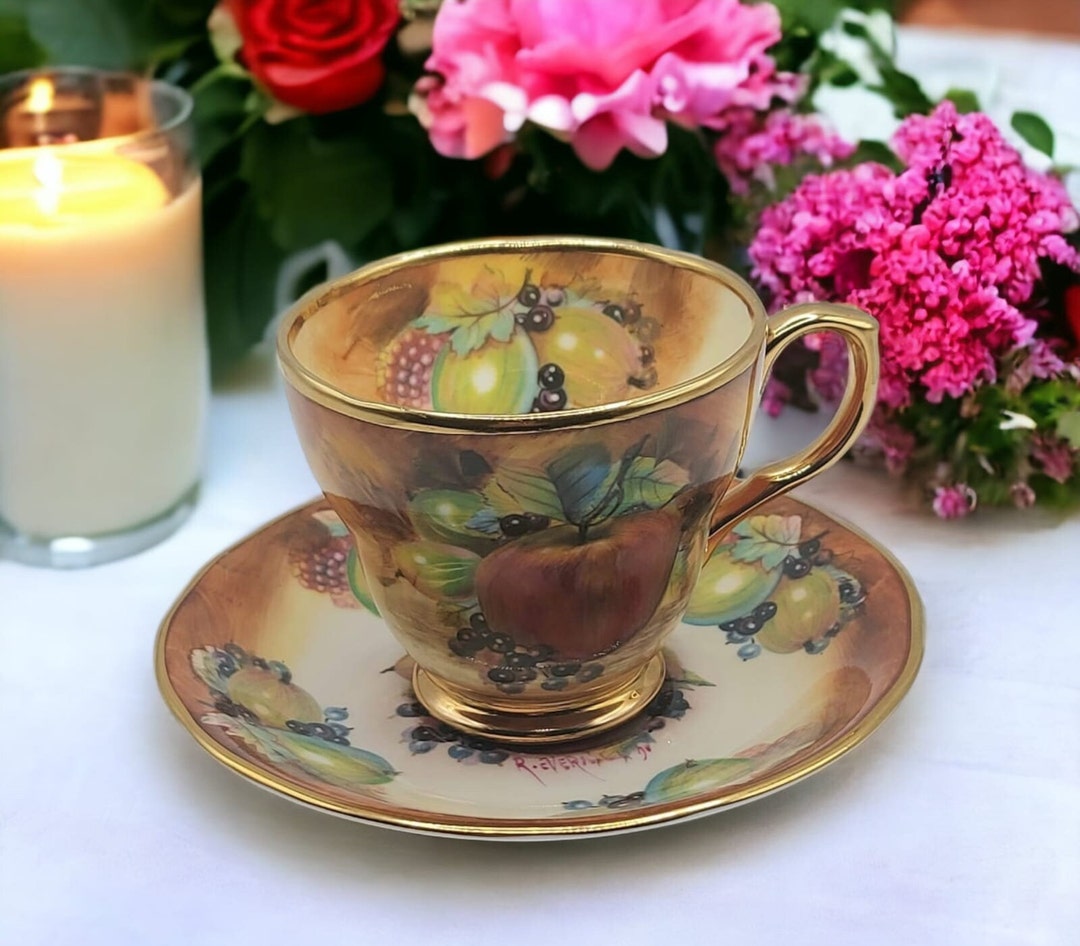 Raymond Everill Evesham Fruit Cup and Saucer, Hand-painted Bone China ...