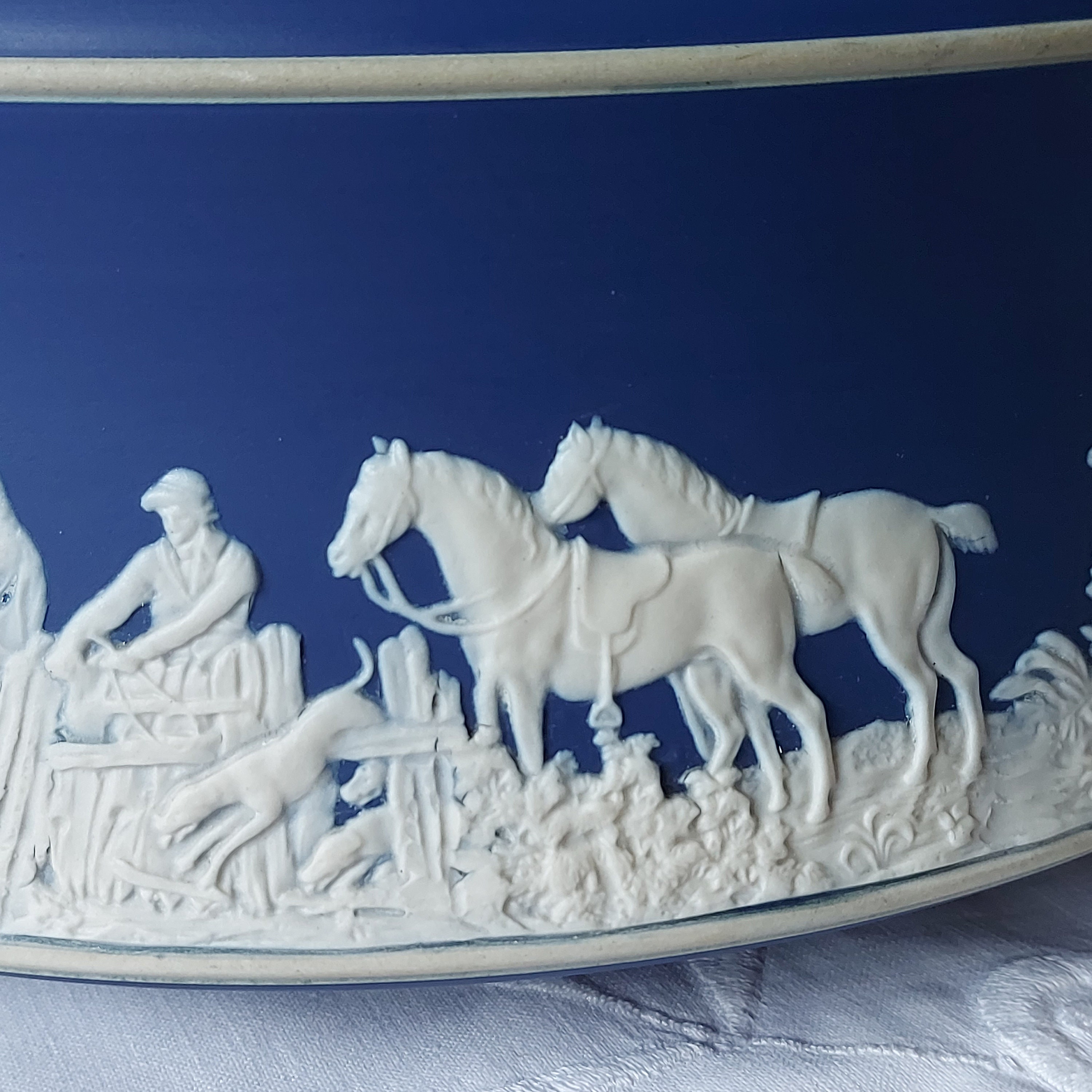 Vintage Adams Tunstall Blue Jasperware, Pioneer Hunt Scene Salad Bowl ...