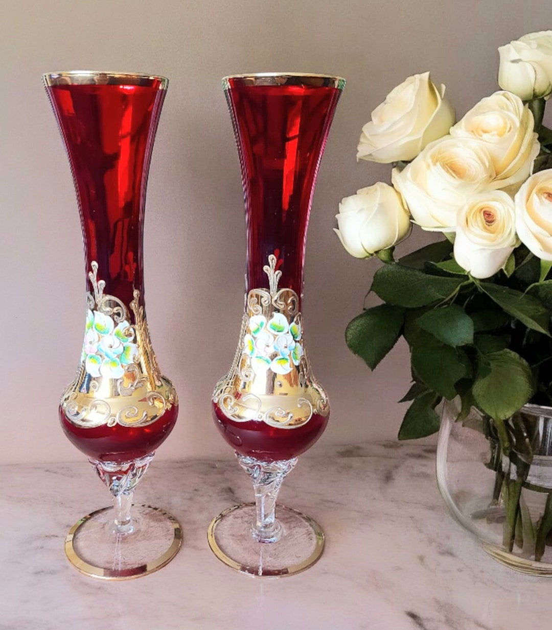 A Pair of Murano Ruby Red and 24kt Gold Vases, Murano Glass, Highly ...